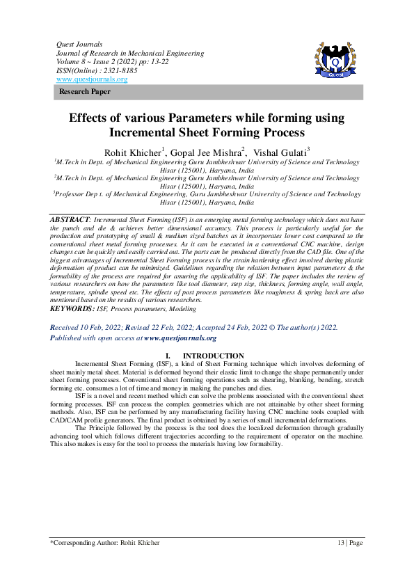 Pdf Effects Of Various Parameters While Forming Using Incremental