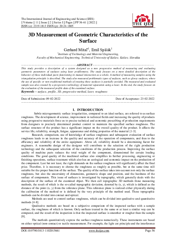 (PDF) 3D Measurement of Geometric Characteristics of the Surface