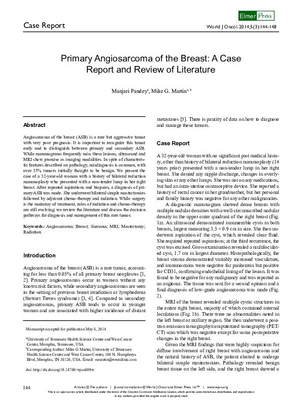 (PDF) Primary angiosarcoma of the breast: a case report and review of the literature