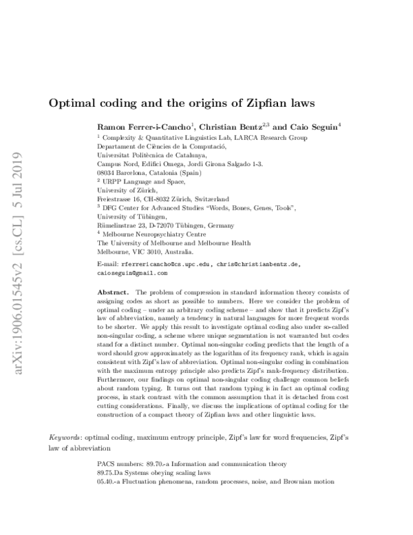 (PDF) Optimal coding and the origins of Zipfian laws