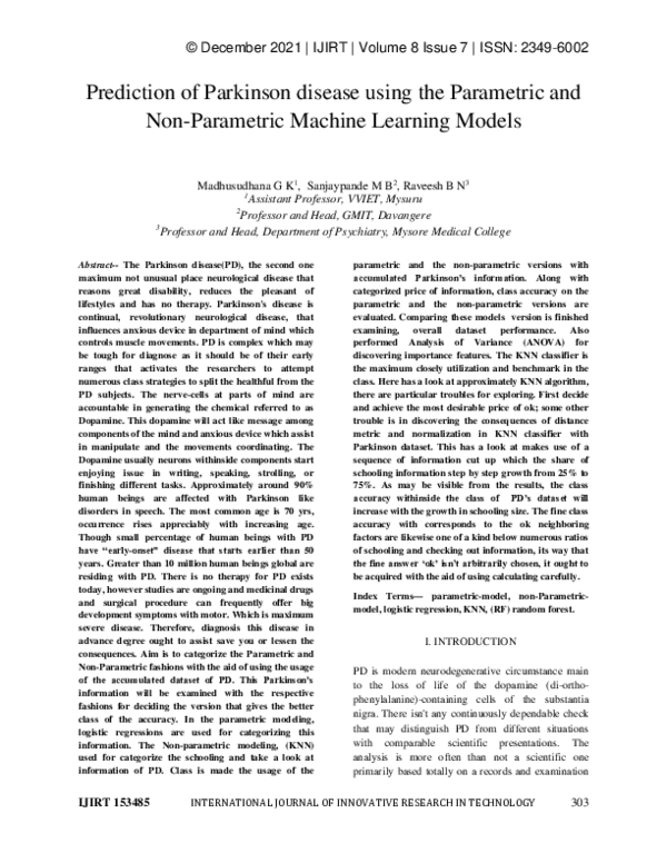 (PDF) Prediction of Parkinson disease using the Parametric and Non ...