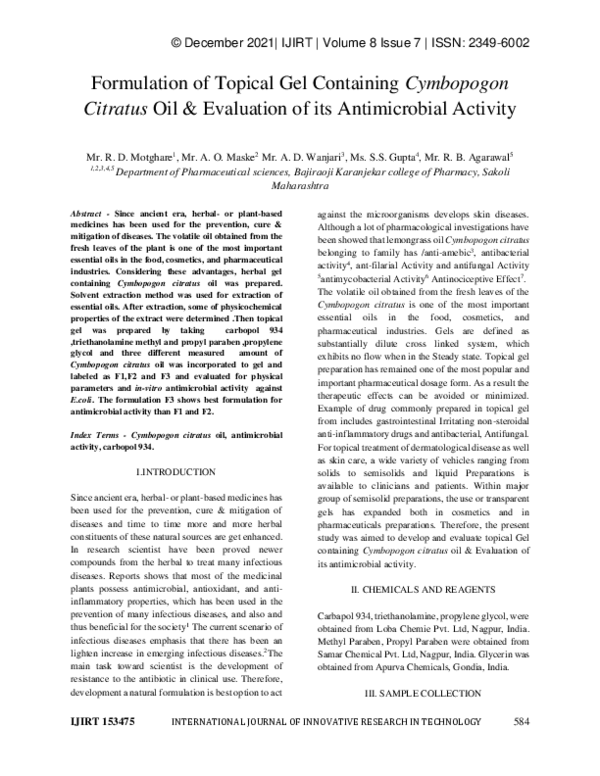 (PDF) Formulation of Topical Gel Containing Cymbopogon Citratus Oil & Evaluation of its ...