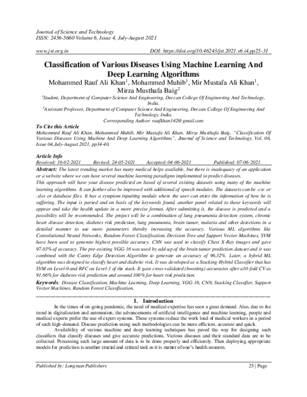 Pdf Classification Of Various Diseases Using Machine Learning And Deep Learning Algorithms