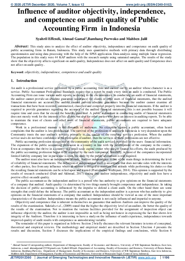 (PDF) Influence of auditor objectivity, independence, and competence on audit quality of Public ...