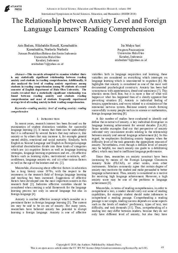 Pdf The Relationship Between Anxiety Level And Foreign Language Learners Reading Comprehension
