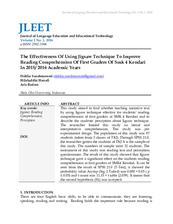 (PDF) The Effectiveness Of Using Jigsaw Technique To Improve Reading Comprehension Of First ...