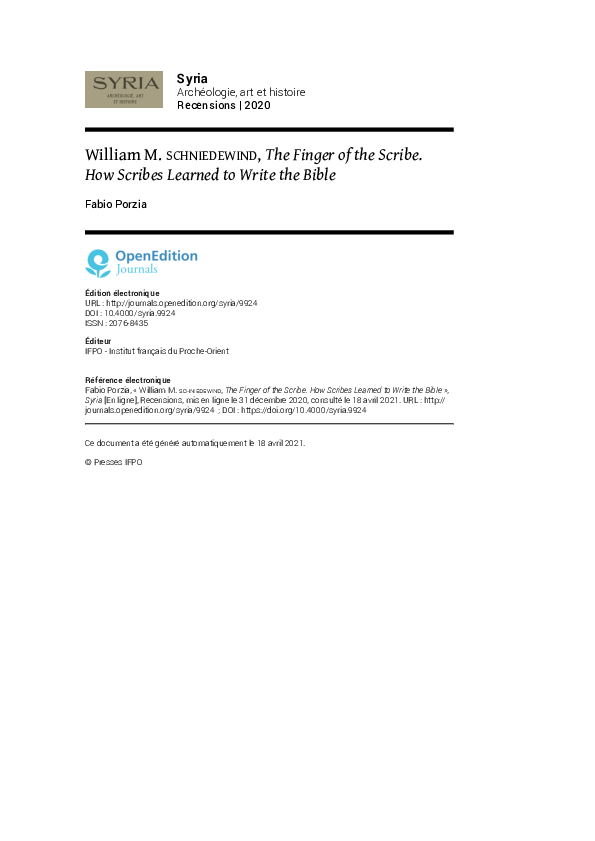 (PDF) William M. Schniedewind, The Finger of the Scribe. How Scribes Learned to Write the Bible