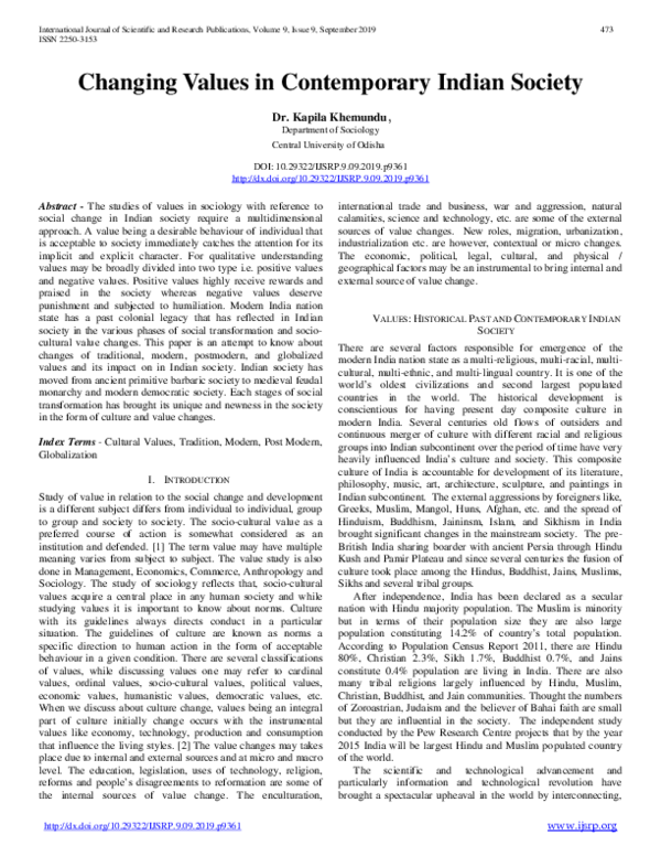 (PDF) Changing Values in Contemporary Indian Society