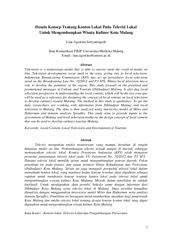 (PDF) Desain Konsep Tentang Konten Lokal Pada Televisi Lokal Untuk ... (PDF) Desain Konsep Tentang Konten Lokal Pada Televisi Lokal Untuk ...