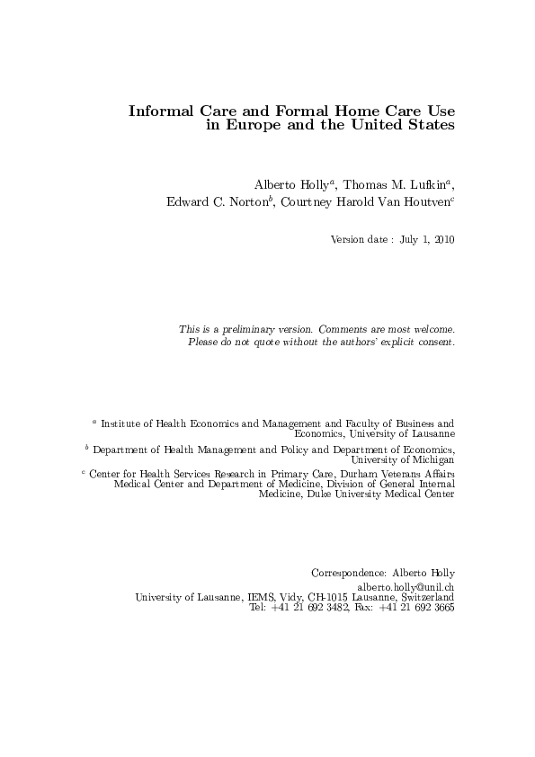 (PDF) Informal Care and Formal Home Care Use in Europe and the United ...