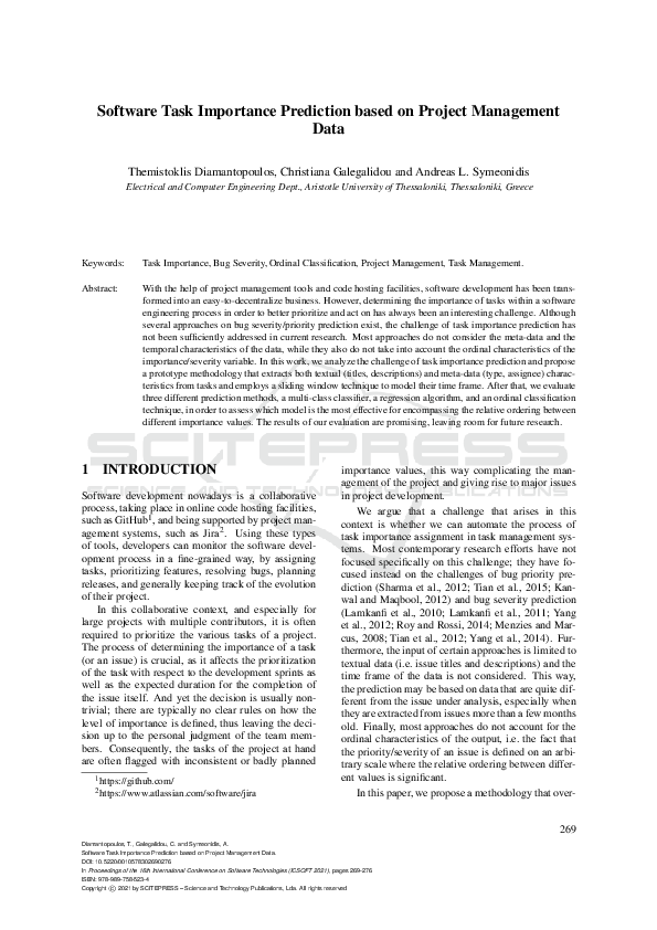 (PDF) Software Task Importance Prediction based on Project Management Data