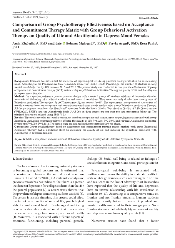 (PDF) Comparison of Group Psychotherapy Effectiveness based on Acceptance and Commitment Therapy ...
