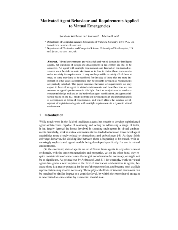 (PDF) Motivated Agent Behaviour and Requirements Applied to Virtual ...
