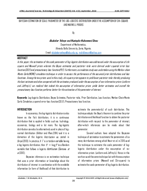 Pdf Bayesian Estimation Of Scale Parameter Of The Log Logistic Distribution Under The