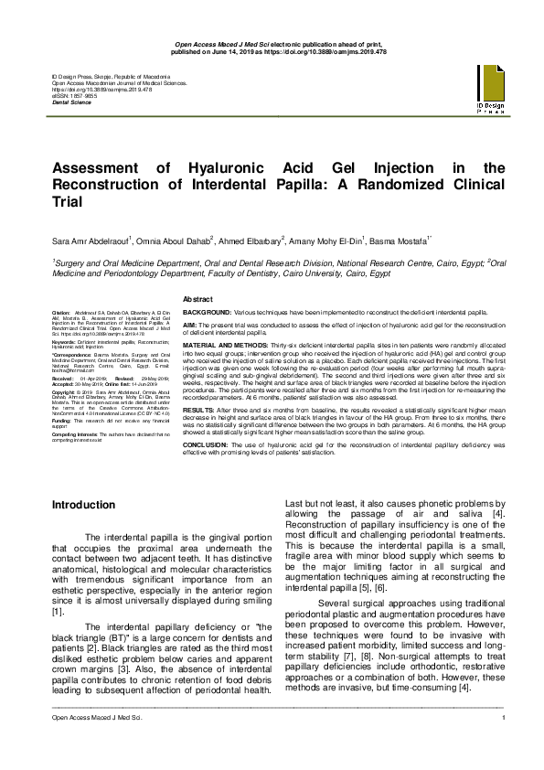 (PDF) Assessment of Hyaluronic Acid Gel Injection in the Reconstruction ...