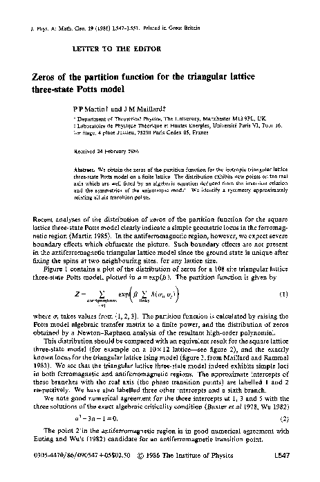 Pdf Zeros Of The Partition Function For The Triangular Lattice Three