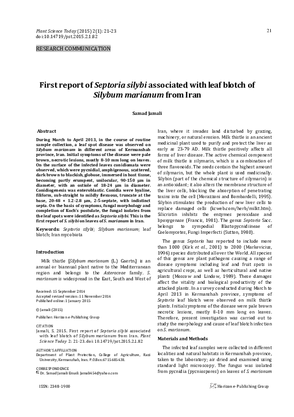 (PDF) First report of Septoria silybi associated with leaf blotch of ...