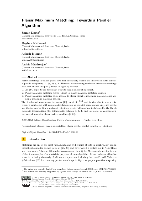 (PDF) Planar Maximum Matching: Towards a Parallel Algorithm