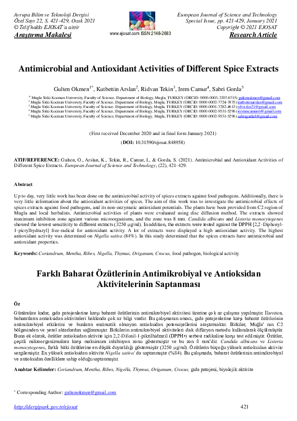 (PDF) Antimicrobial And Antioxidant Activities Of Different Spice Extracts
