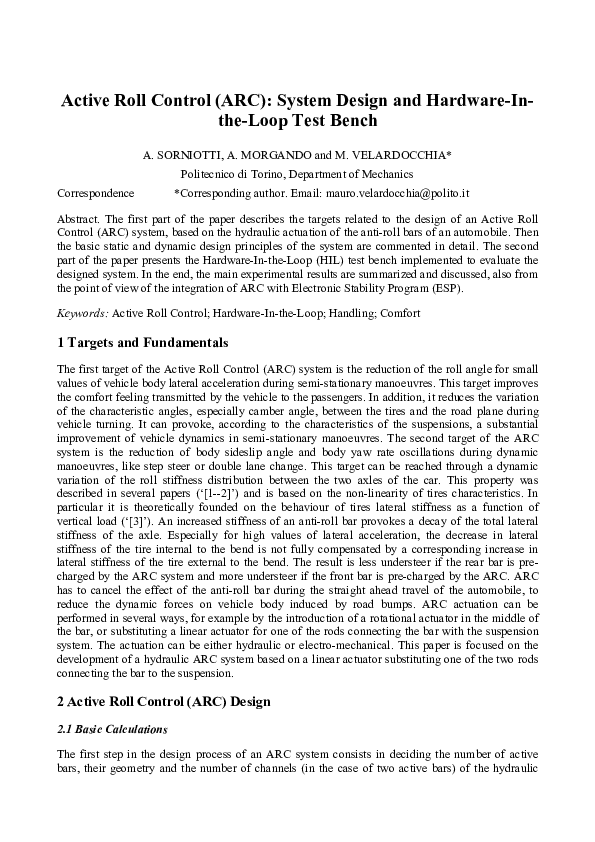 Pdf Active Roll Control System Design And Hardware In The Loop Test Bench