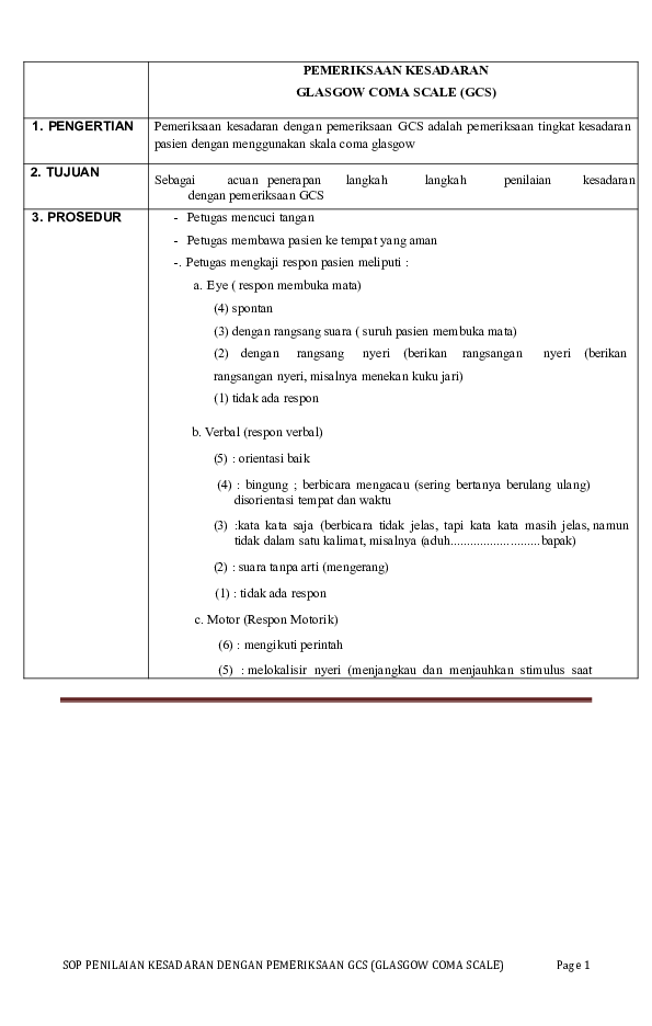 (DOC) SOP PEMERIKSAAN KESADARAN ATAU GCS