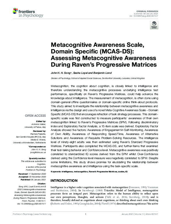 Pdf Metacognitive Awareness Scale Domain Specific Mcas Ds Assessing Metacognitive