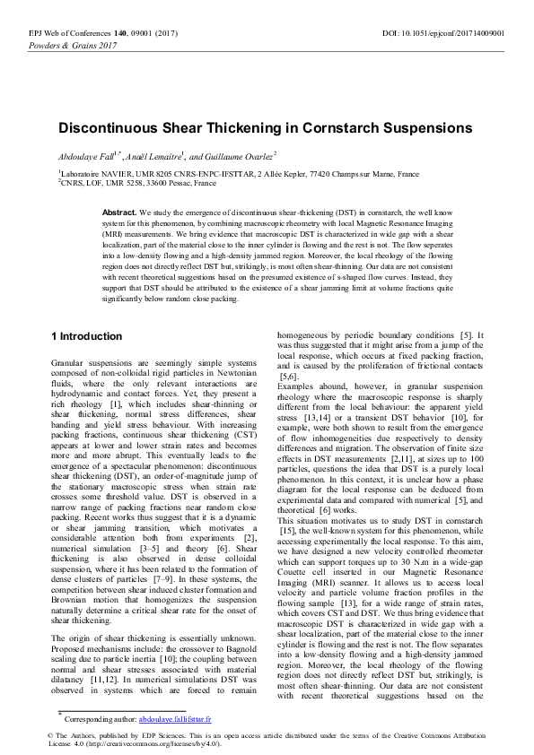 (PDF) Discontinuous Shear Thickening in Cornstarch Suspensions