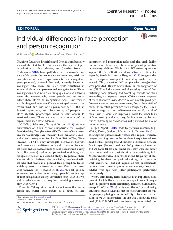 (PDF) Individual differences in face perception and person recognition