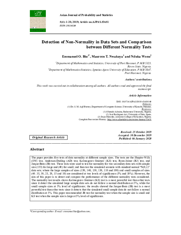 Pdf Detection Of Non Normality In Data Sets And Comparison Between
