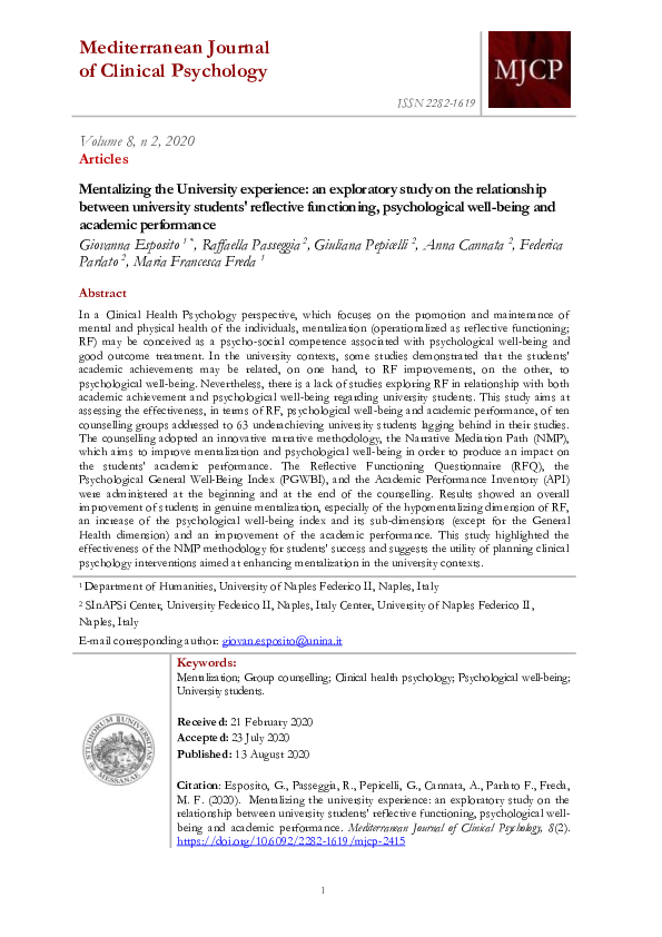 (PDF) Mentalizing the University experience: an exploratory study on ...