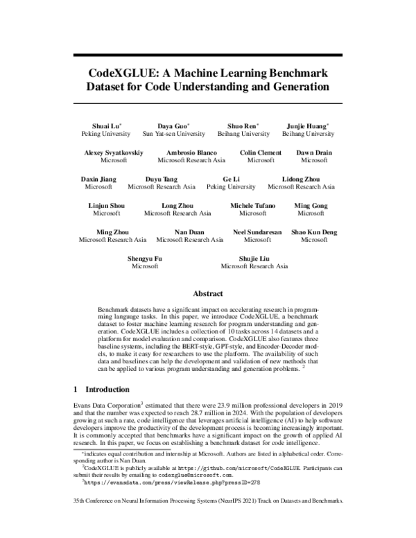 (PDF) CodeXGLUE: A Machine Learning Benchmark Dataset for Code Understanding and Generation