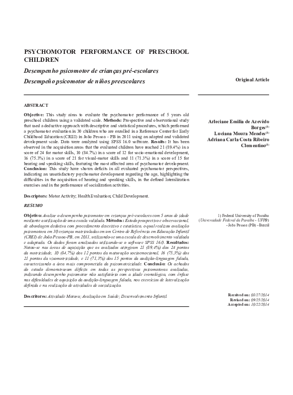 (PDF) PSYCHOMOTOR PERFORMANCE OF PRESCHOOL CHILDREN Desempenho ...