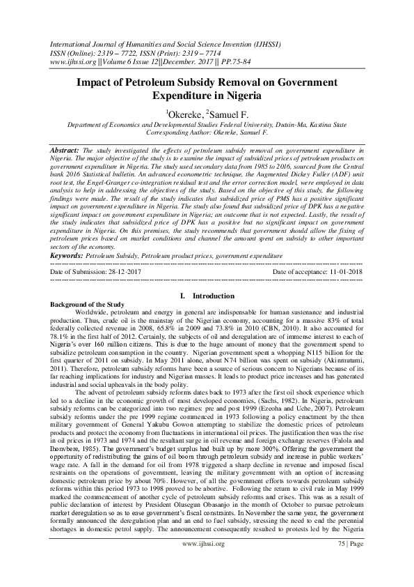 (PDF) Impact of Petroleum Subsidy Removal on Government Expenditure in Nigeria
