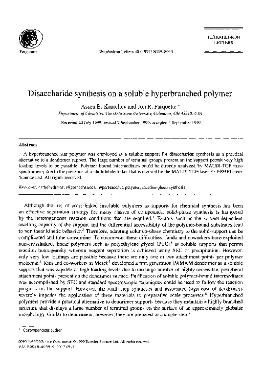 (PDF) Disaccharide synthesis on a soluble hyperbranched polymer