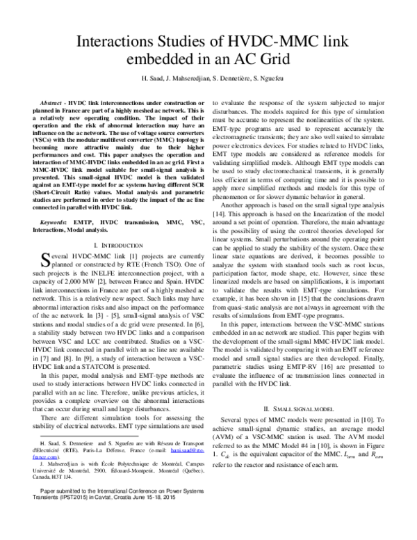 (PDF) Interactions studies of HVDC–MMC link embedded in an AC grid