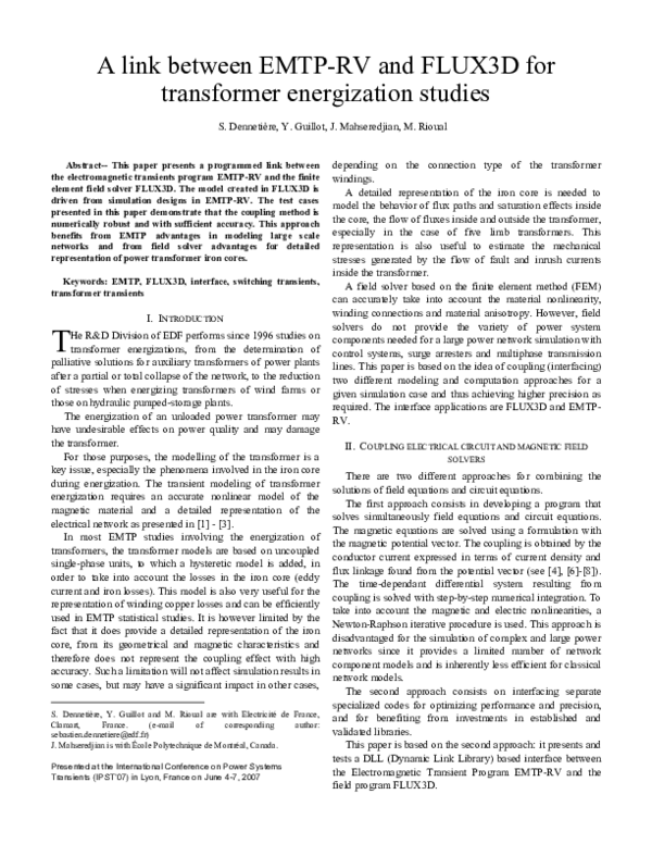 (PDF) A link between EMTP-RV and FLUX3D for transformer energization ...