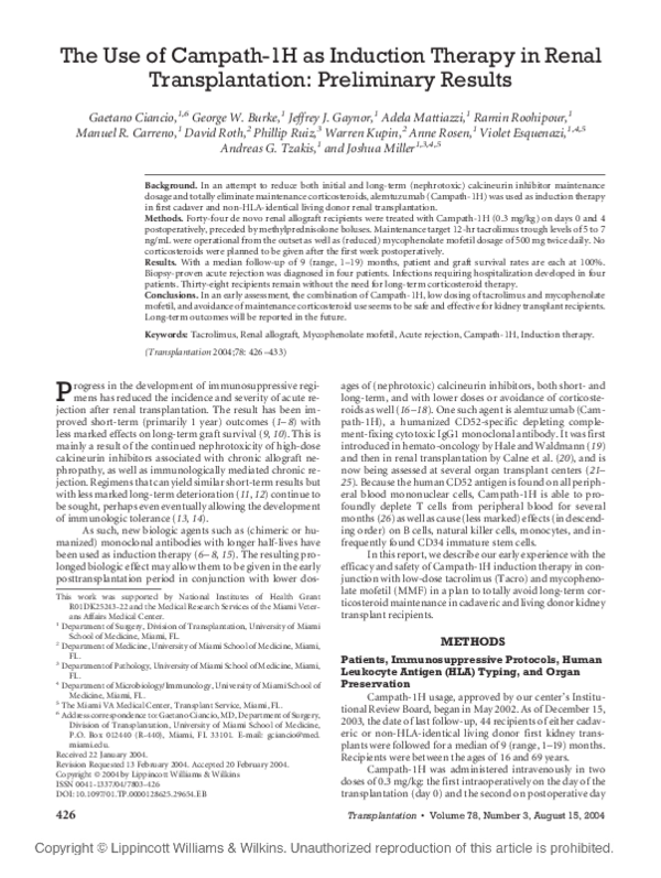 (PDF) The Use of Campath-1H as Induction Therapy in Renal ...