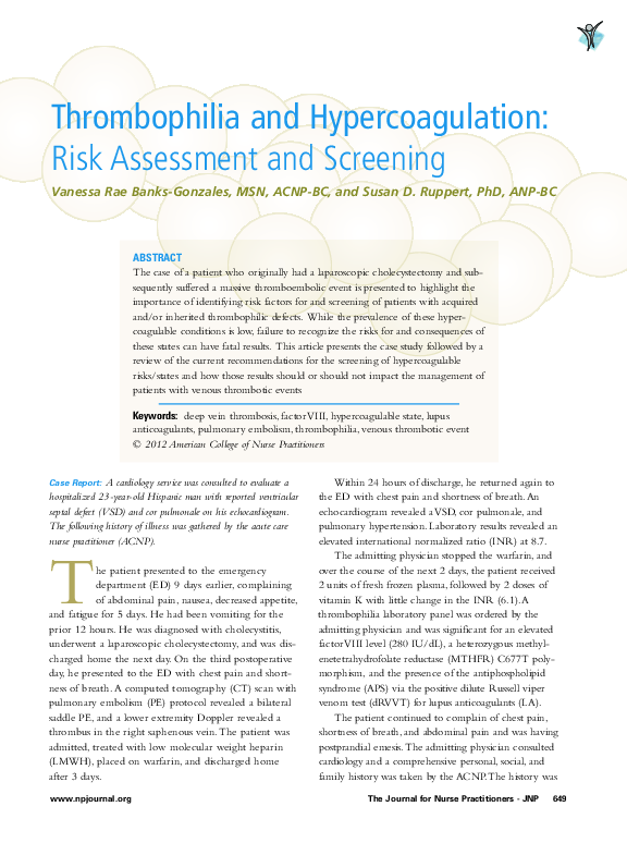 (PDF) Thrombophilia and Hypercoagulation: Risk Assessment and Screening