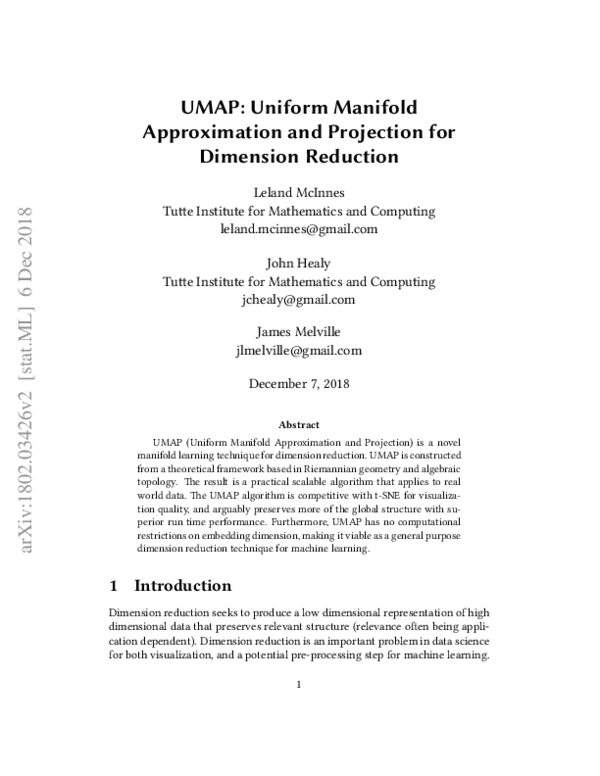 (PDF) UMAP: Uniform Manifold Approximation and Projection for Dimension ...