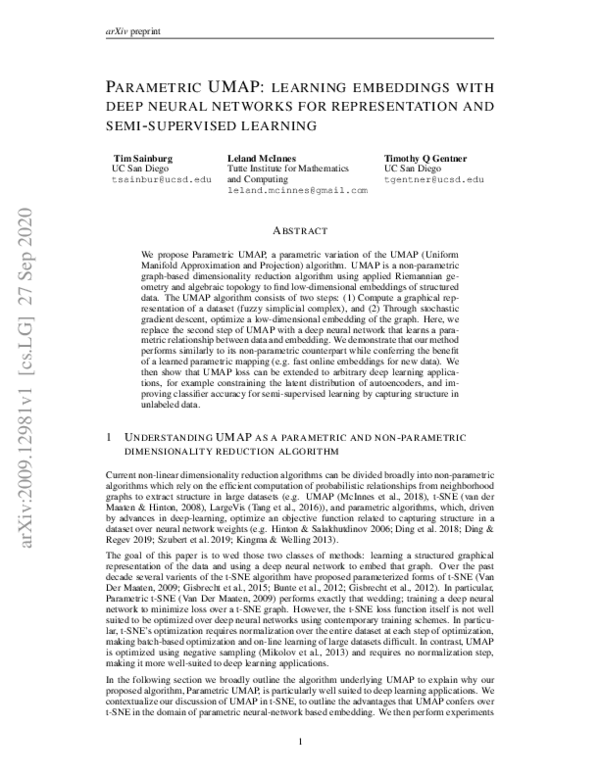 (PDF) Parametric UMAP: learning embeddings with deep neural networks for representation and semi ...