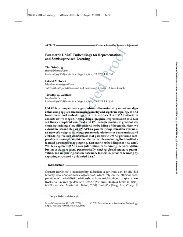(PDF) Parametric UMAP embeddings for representation and semi-supervised learning | Leland ...