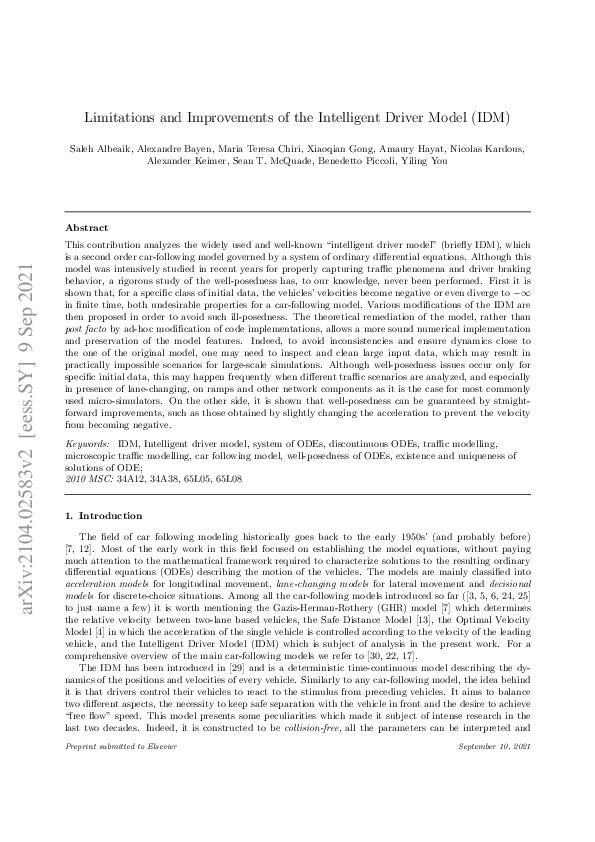 (PDF) Limitations and Improvements of the Intelligent Driver Model (IDM)