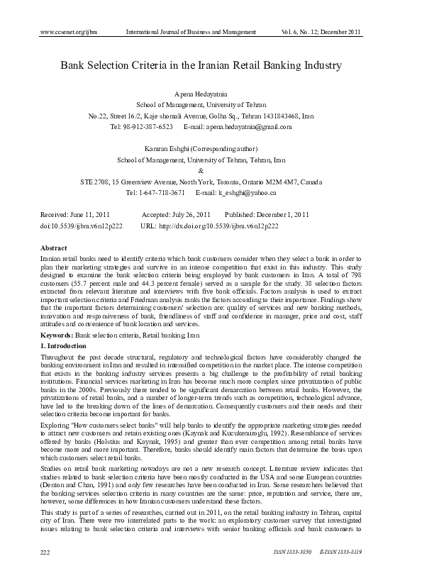 (PDF) Bank Selection Criteria in the Iranian Retail Banking Industry