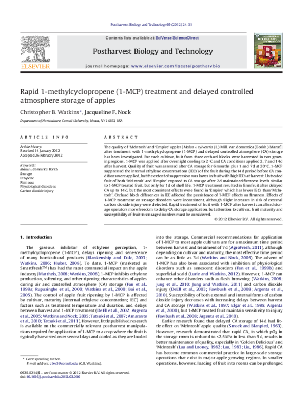 (PDF) Rapid 1-methylcyclopropene (1-MCP) treatment and delayed controlled atmosphere storage of ...
