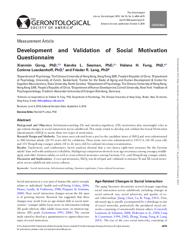 (PDF) Development and Validation of Social Motivation Questionnaire