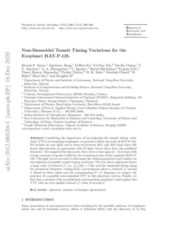 (PDF) Non-sinusoidal transit timing variations for the exoplanet HAT-P-12b