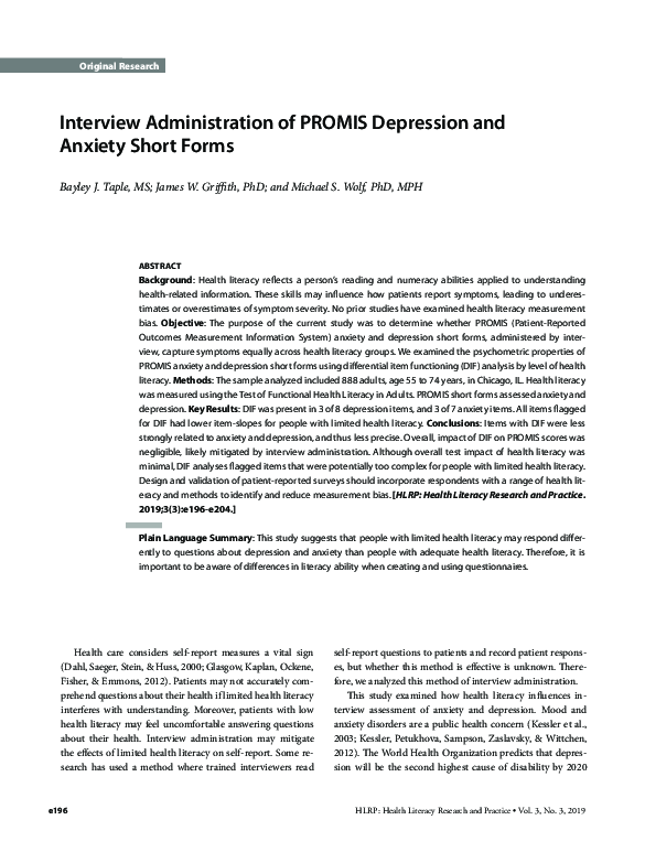 (PDF) Interview Administration of PROMIS Depression and Anxiety Short Forms