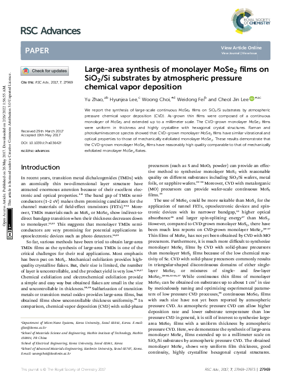 (PDF) Large-area synthesis of monolayer MoSe2 films on SiO2/Si ...