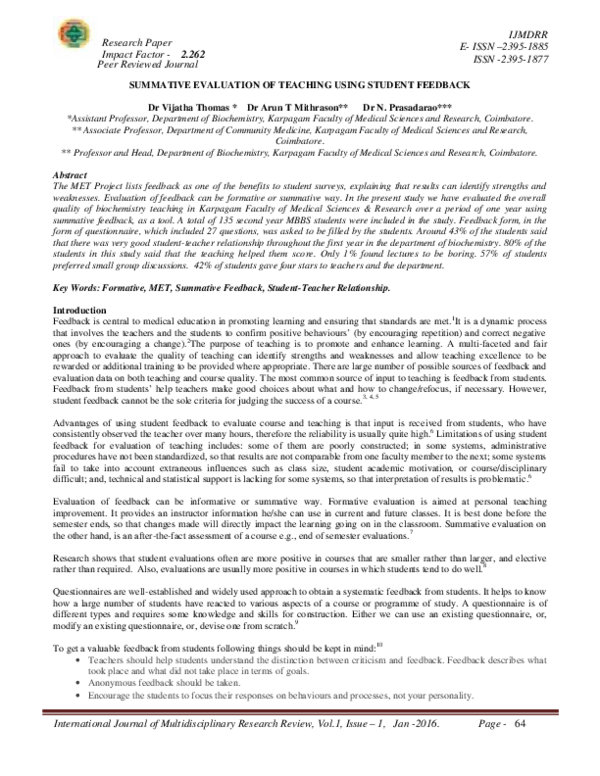 (PDF) Summative Evaluation of Teaching Using Student Feedback