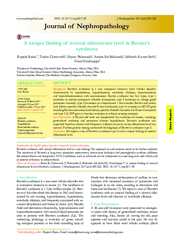 (PDF) A unique finding of normal aldosterone level in Bartter’s syndrome